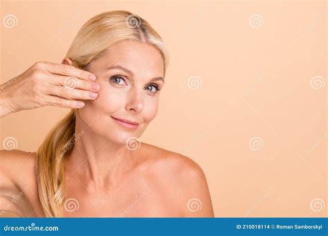 Closeup Photo Of Natural Beauty Aged Lady Nude Shoulders Touch Fingers ...
