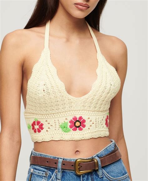 Women's Crochet Flower Bralette in Buttercream | Superdry US