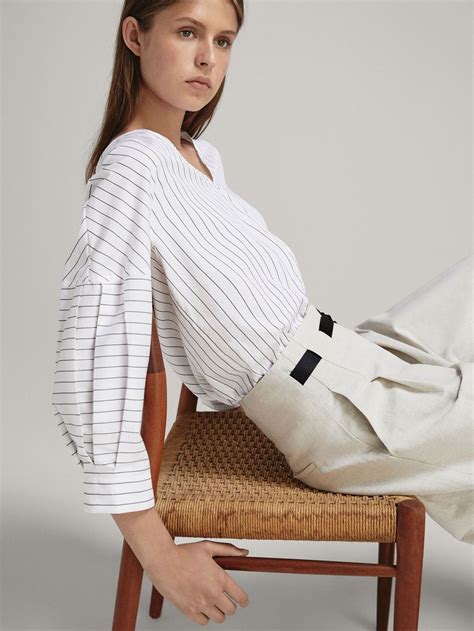 БЛУЗА ИЗ ХЛОПКА В ПОЛОСКУ, СО СКЛАДКАМИ - для женщин - Massimo Dutti ...