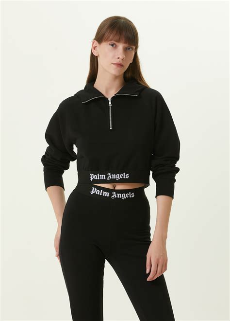 Palm Angels - Siyah Kapüşonlu Logo Detaylı Crop Sweatshirt - Siyah