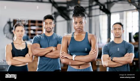 Fitness, diversity and portrait of people in gym for teamwork, support and workout. Motivation ...