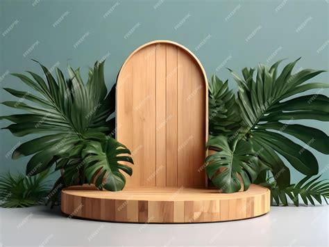 Реалистичный 3D белый пьедестал с золотой деревянной кольцевой рамой с ...