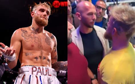 Jake Paul and Andrew Tate face-off ringside at the Floyd Mayweather vs ...