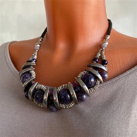 Колье из аметиста, украшение из натуральных камней, крупное колье бохо ...