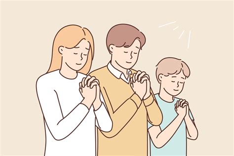Religious family with son praying to God. Superstitious parents with ...