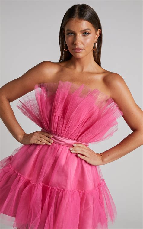 Amalya Mini Dress - Tiered Tulle Fit and Flare Dress in Hot Pink ...