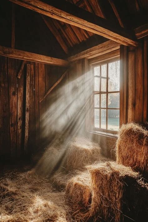 Sunlit Hay Bales in Golden Field with Tractor and Red Barn at Dusk ...