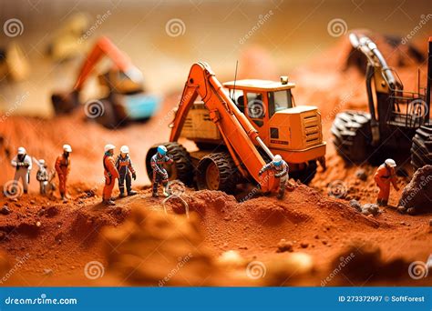 Tiny Workers on Mars with Little Excavators. Generative AI Stock ...
