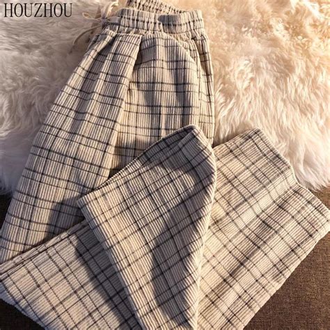 HOUZHOU Клетчатые брюки Женские шикарные студенческие спортивные штаны ...