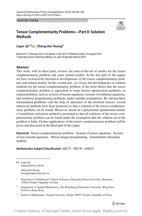 Tensor Complementarity Problems—Part II: Solution Methods | Request PDF