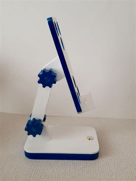 White and Blue Computer Stand with Gears
