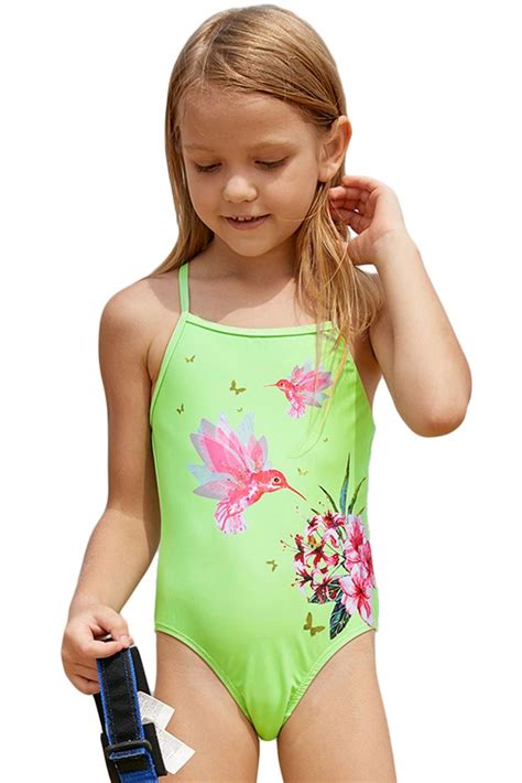 Neon Green Floral and Birds Little Girls One-piece Swimwear | One piece ...