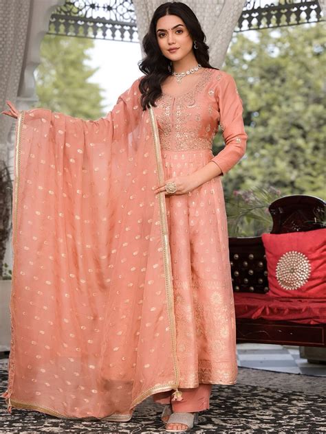 Buy Divena Regular Embroidered Zardozi Kurta With Trousers & Dupatta ...