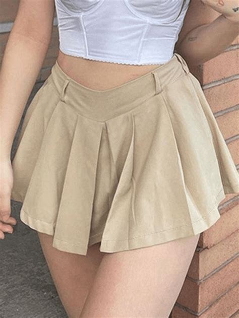 V Cut Pleated Mini Skirt - MomyMall Khaki / S Classy Outfits, Pretty ...