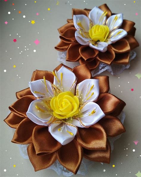 Бантики из атласных лент и кружева с розочкой, диаметр 10 см | Handmade ...