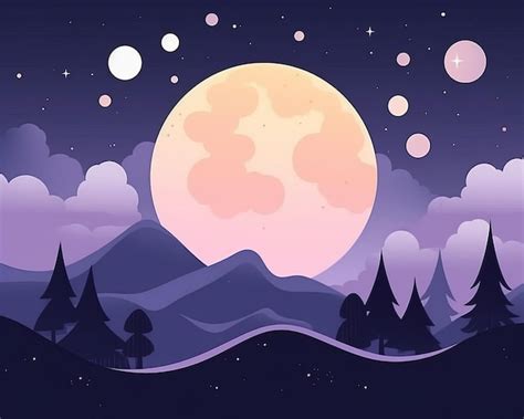 Полнолуние в ночном небе с деревьями и горами | Премиум векторы