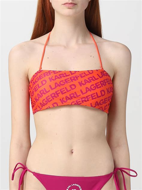 KARL LAGERFELD: Top bikini in lycra con logo all over - Arancione ...