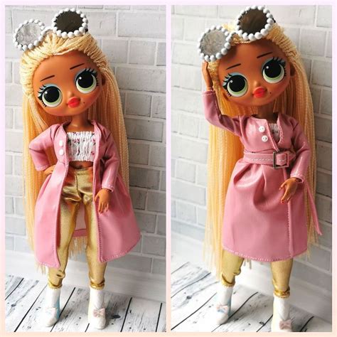 two pictures of a doll with blonde hair and big eyes, wearing a pink coat