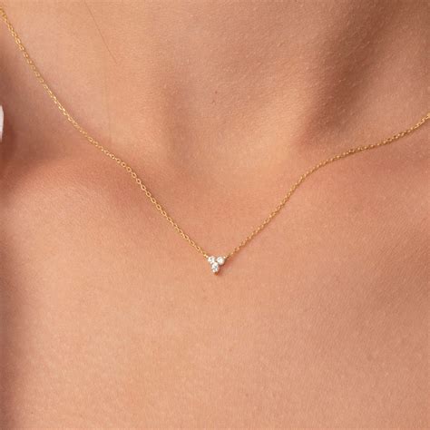 14K Solid Gold Trio Diamond Necklace Tri Diamond Stone - Etsy