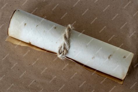 Древний свиток, свернутый из бежевой бумаги, перевязанный веревкой на ...