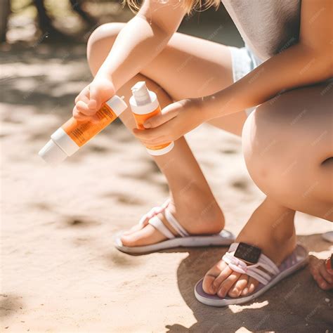 Premium AI Image | close up partial view of girl applying sunscreen on legs on beach