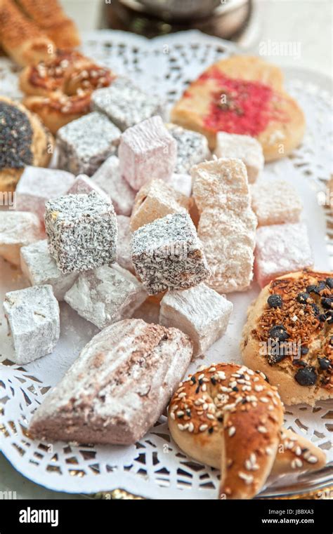 Turkish delight dessert (rahat lokum) different colors, and baklava ...