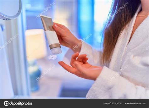 Female Applies Nourishing Cream Moisturize Her Hands Shower Hand Care ...