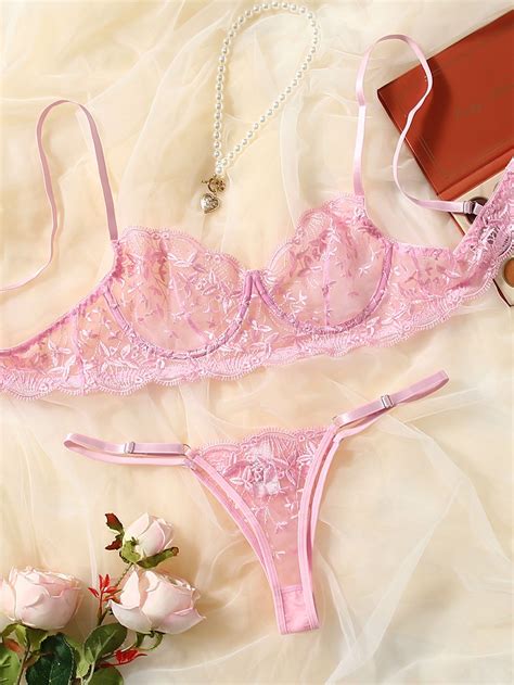 Pink Sexy Mesh Plain Sexy Sets Non-Stretch Women Intimates Lingerie ...