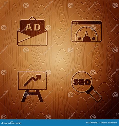 Set SEO Optimization, Advertising, Board with Graph Chart and Website Statistic on Wooden ...