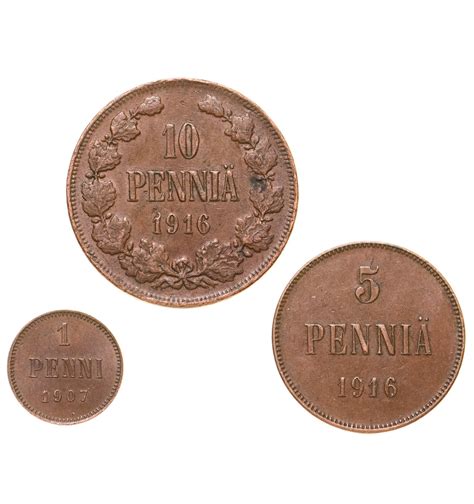 Набор медных монет Русской Финляндии: 1, 5 и 10 пенни 1894-1917 (период ...