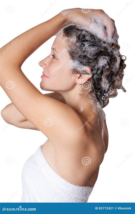 Beautiful Woman Taking a Shower and Shampooing Her Hair. Washing Hair ...