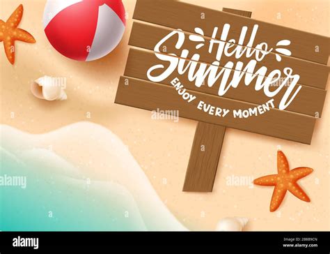 Hello summer vector banner. Hello summer typography in wood space for text with beach elements ...