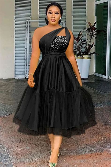 Xpluswear Plus Size Formal Solid One Shoulder Sequin Tulle Midi Dresses ...