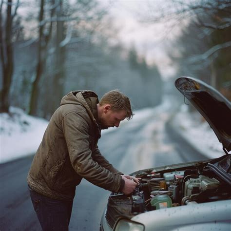 Man trying to fix a car engine problem on a local road | Premium AI-generated image