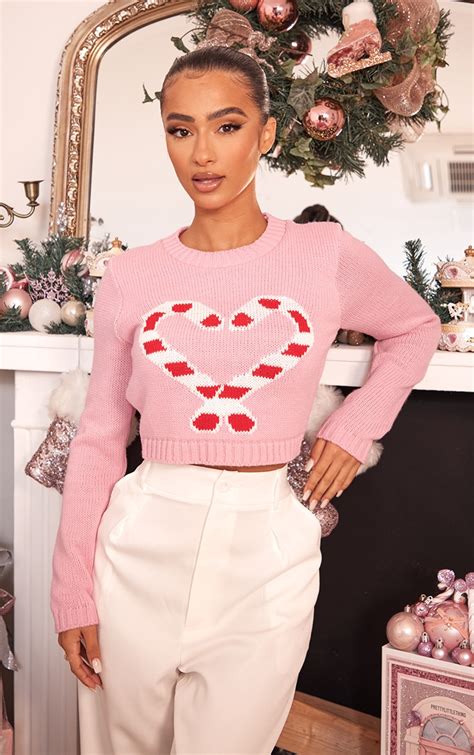 Petite Baby Pink Candy Cane Crop Christmas Jumper | Petite ...