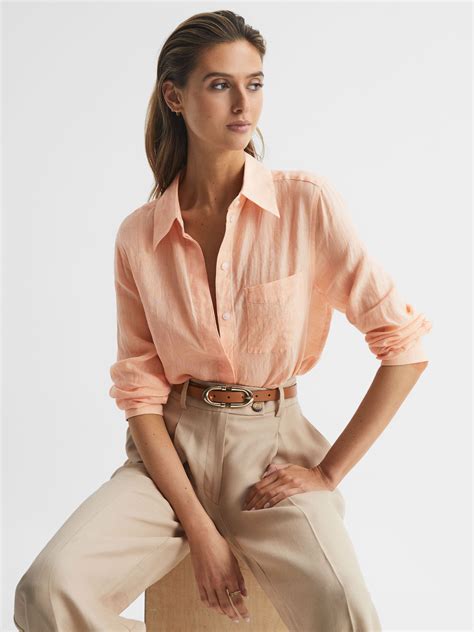 Linen Long Sleeve Shirt in Peach - REISS