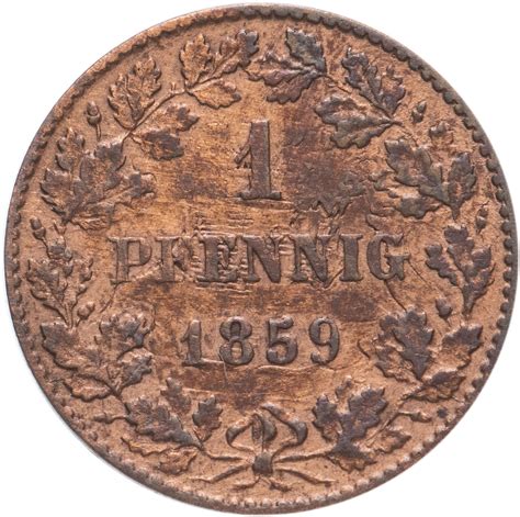 Монета германия, Нассау 1 пфенниг (pfennig) 1859 стоимостью 916 руб.