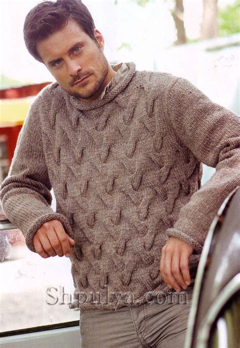 Бежевый мужской пуловер с узором косы спицами | Mens knit sweater ...