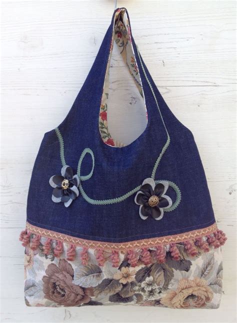 Borsa, pezzo unico, artigianale, denim+tessuto tappezzeria, con ...