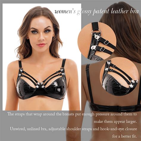 Women's Open Cup Bra Top Lingerie Leather Halter Neck Hollow Out Bust ...