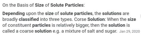 Classify the solution based on the the particle size of the solute ? - Brainly.in
