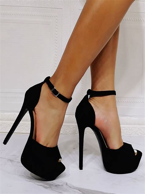 Sandali sexy tacco alto nero micro pelle scamosciata superiore peep toe ...