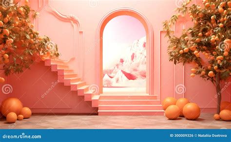 Vibrant Surreal Worldin Peach Fuzz Color, an Open Door Reveals Bright ...