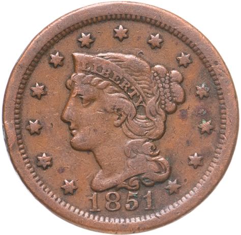 Монета США 1 цент (cent) 1851 стоимостью 4098 руб.