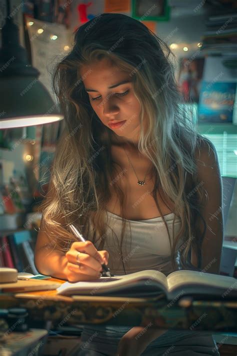 Woman Sitting at Table Writing on Piece of Paper | Premium AI-generated ...