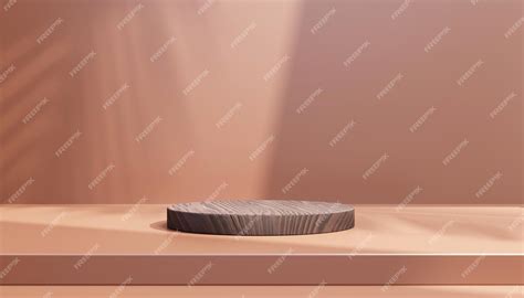 Деревянный пьедестал подиум с фоном листьев 3D иллюстрация пустой ...