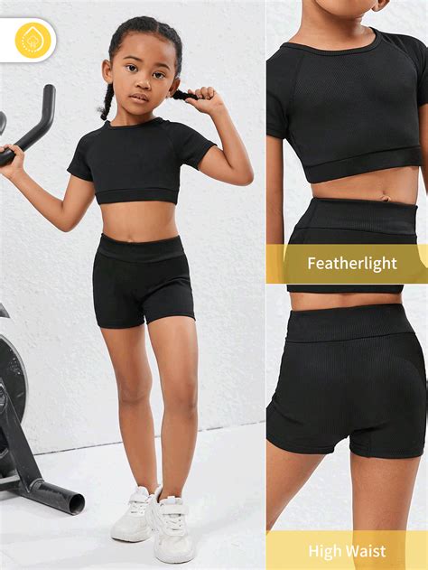 2pcs Tween Girl Yoga Outfit Set, Solid Color Ribbed Knit Yoga, Running, Cycling, Fitness ...