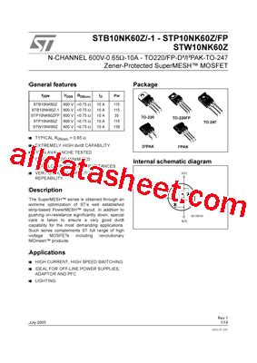 P10NK60ZFP Datasheet(PDF) - STMicroelectronics