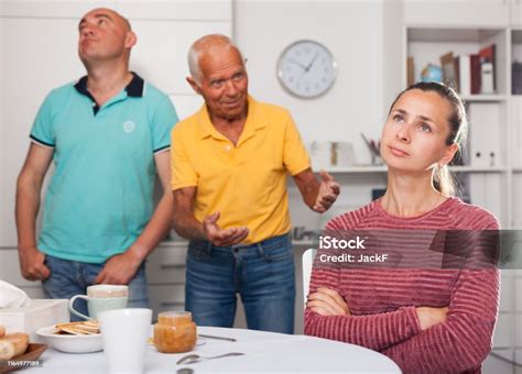 Elderly Father Together With His Adult Son Scold The Daughterinlaw At ...