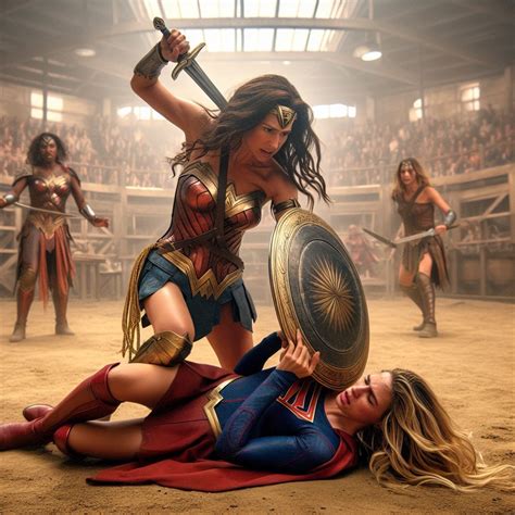 Wonderwoman finishes off Supergirl in the arena by Gardenia76 on DeviantArt